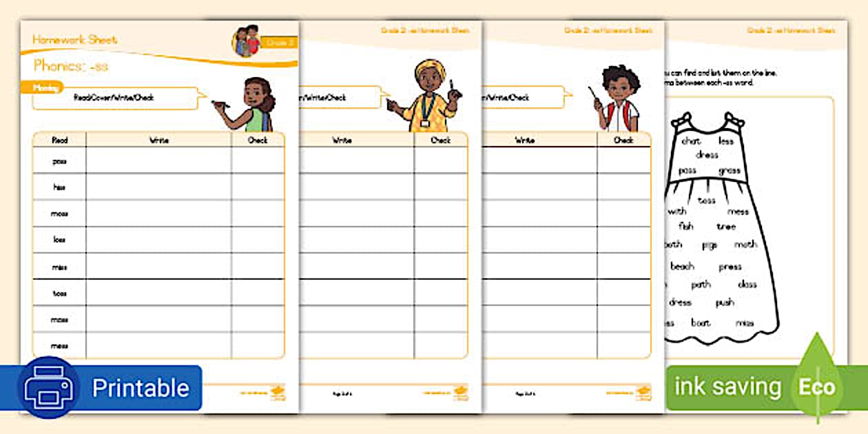 Grade 2 Phonics: -ss Homework Sheet (teacher made) - Twinkl