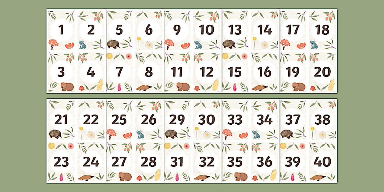 Home Among the Gumtrees Themed Numbers 1-40 Flashcards