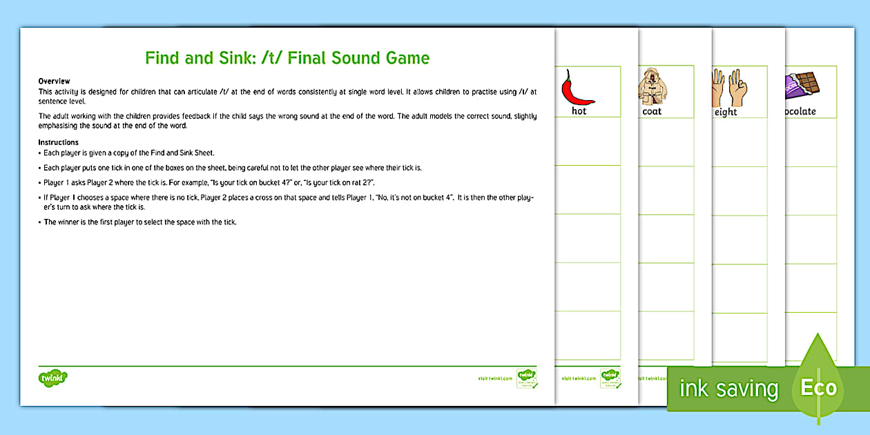 Find and Sink /t/ Final Sound Game - Twinkl