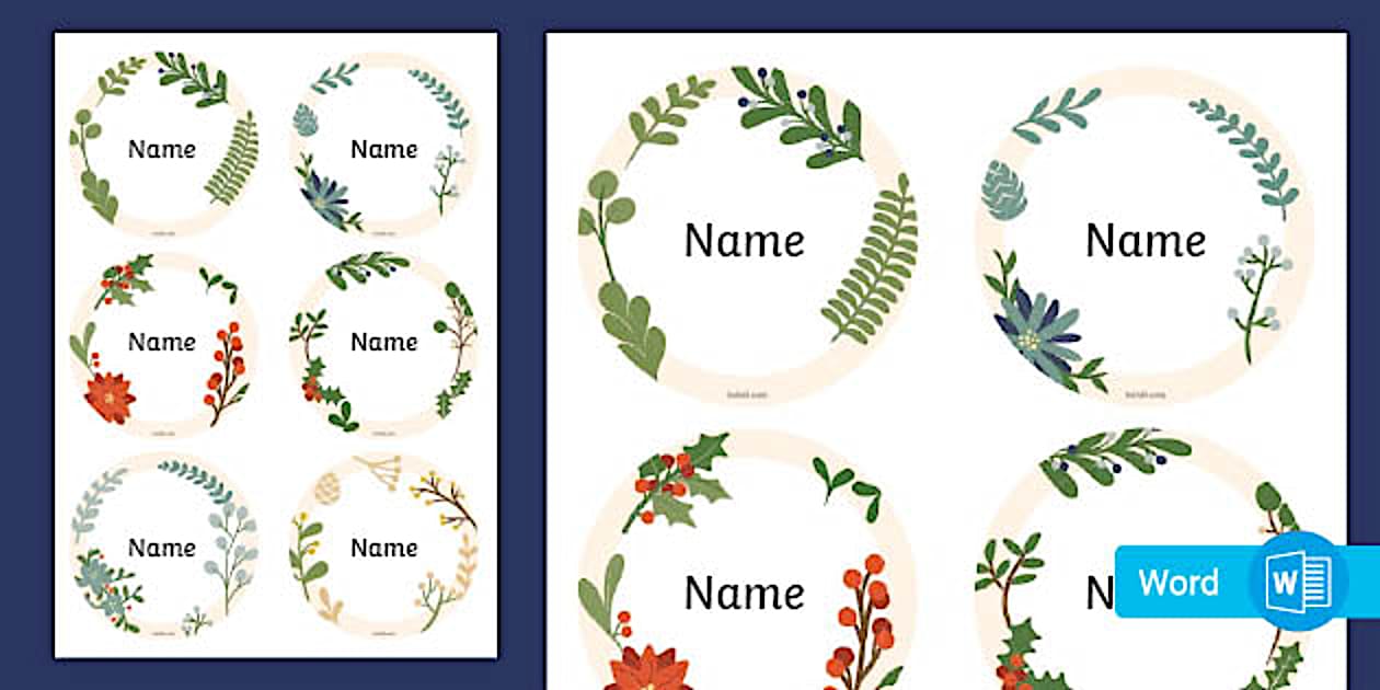 Winter Botanical-Themed Editable Circle Name Labels, Editable Circle Name