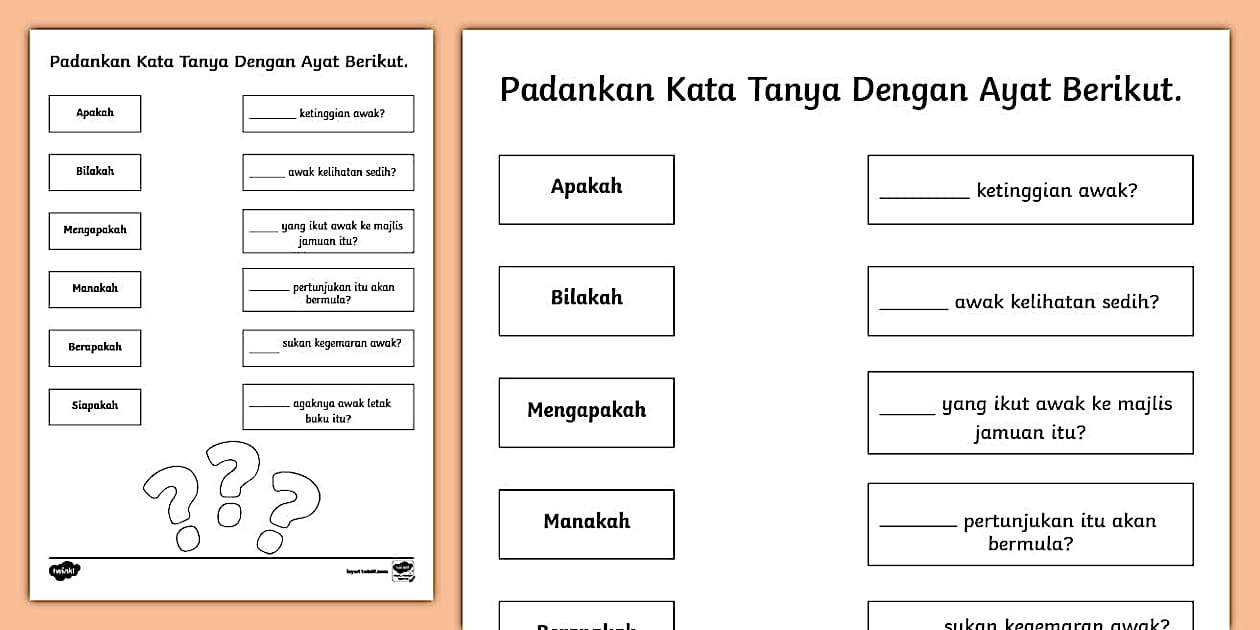 Aktiviti Padan dan Gariskan Kata Tanya - KSSR 1 - Twinkl