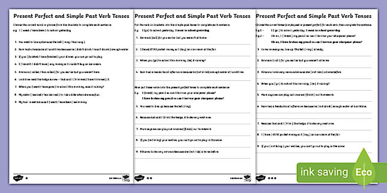 Editable The Past and Present Perfect Form of Verbs Worksheets