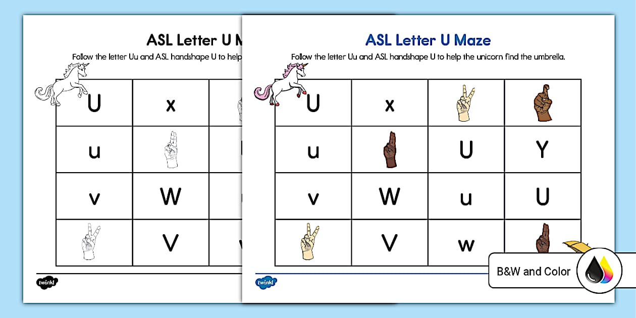 ASL Letter U Maze Worksheet