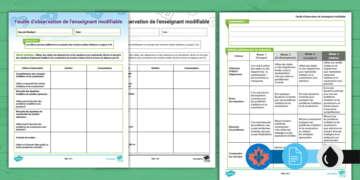Grade 1 Editable Teacher Observation Sheet for Addition and Subtraction ...