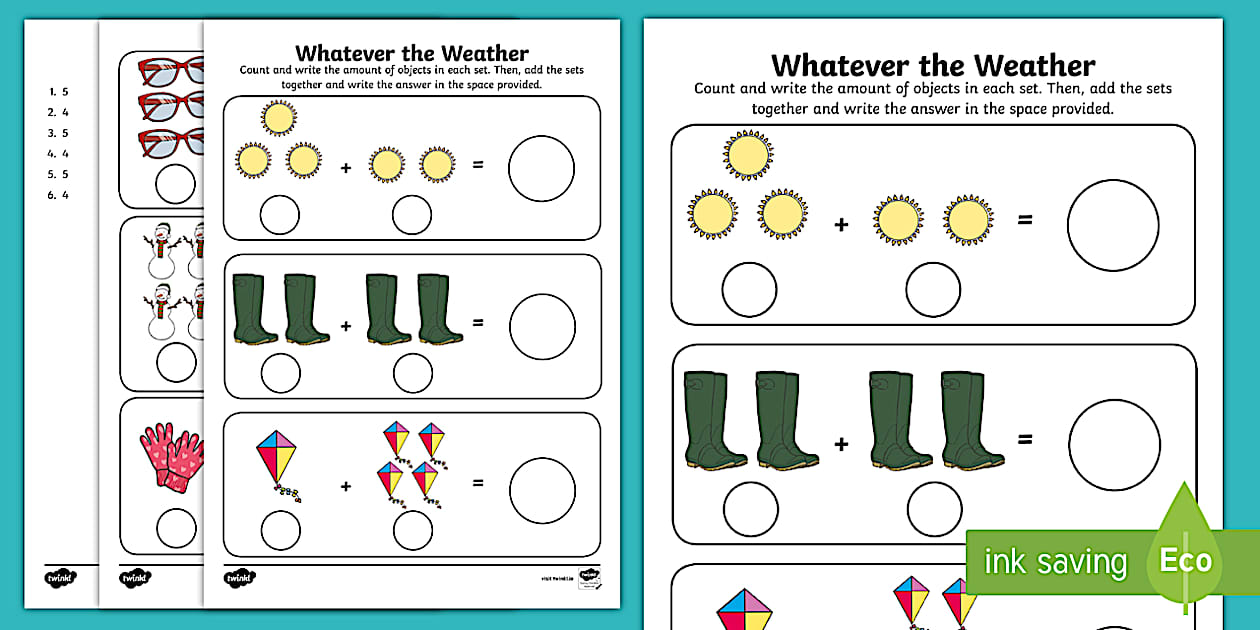 Black and White Whatever the Weather Addition Worksheets