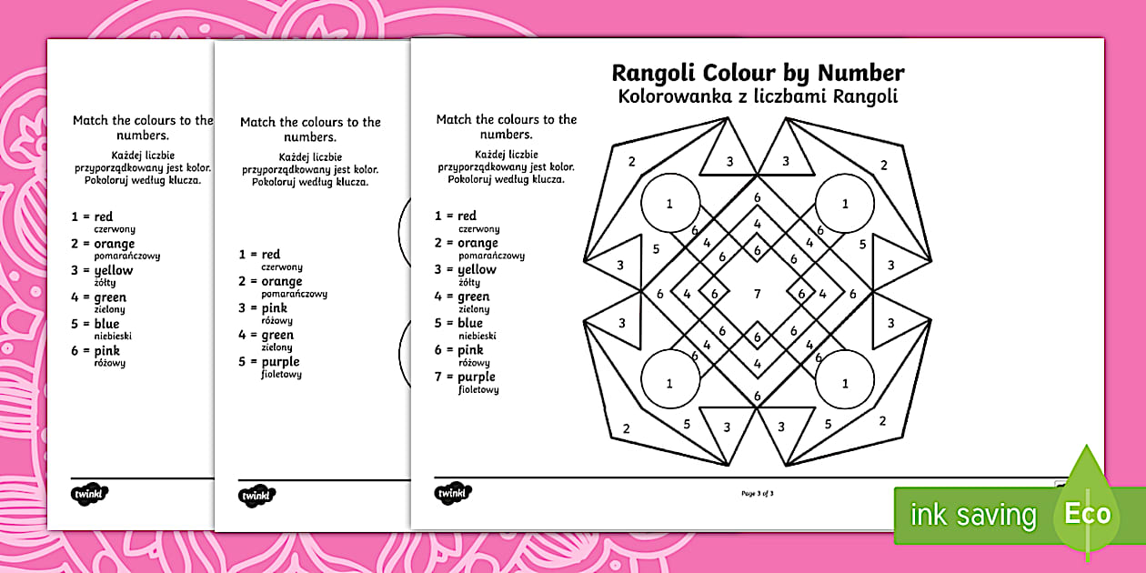 Rangoli Colour by Number Worksheet / Worksheets English/Polish