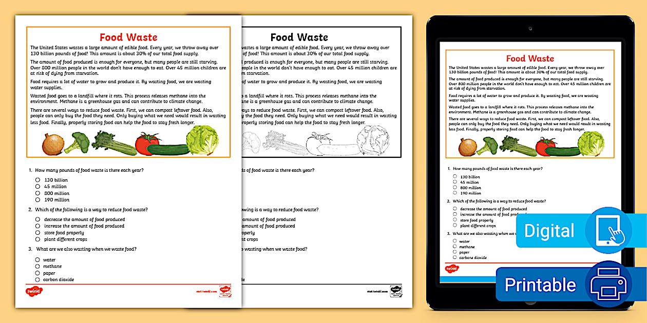 Food Waste Reading Comprehension Worksheet | Twinkl USA