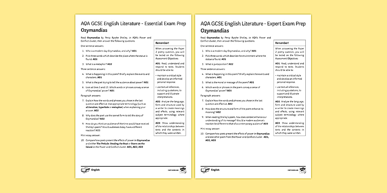 Editable AQA Poetry: Ozymandias - Differentiated Revision Worksheets