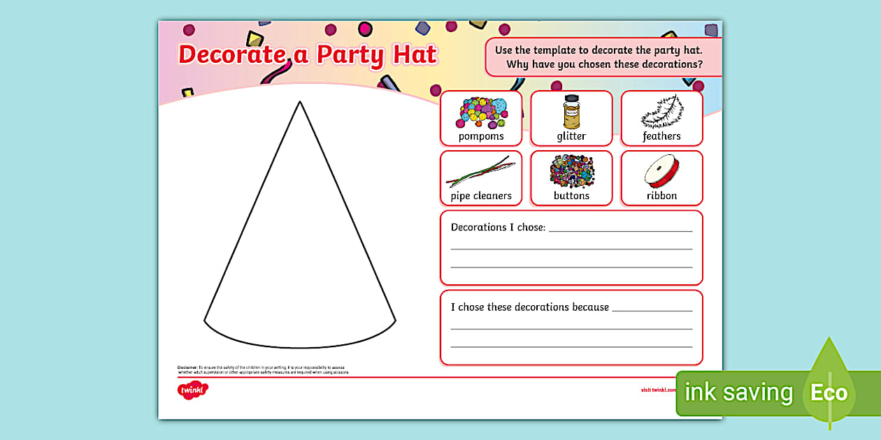 Decorate a Party Hat Worksheet (teacher made) - Twinkl