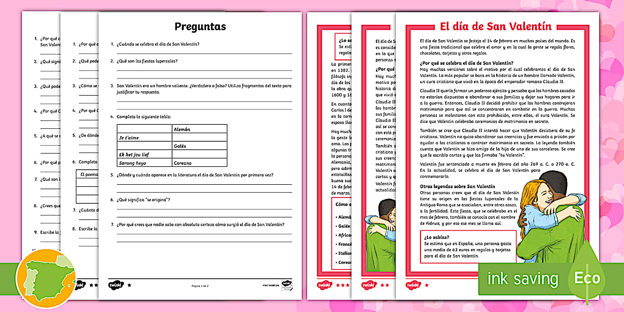 Comprensión lectora: El día de San Valentín - Twinkl