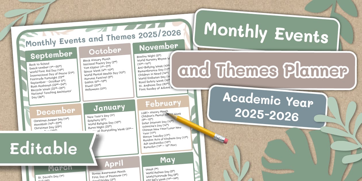 Editable Botanical-Themed Monthly Events and Themes Planner 2025/2026 ...