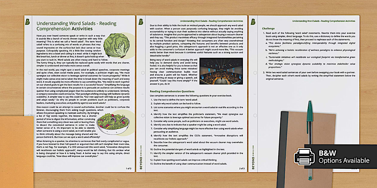 Understanding Word Salads - Reading Comprehension Activities