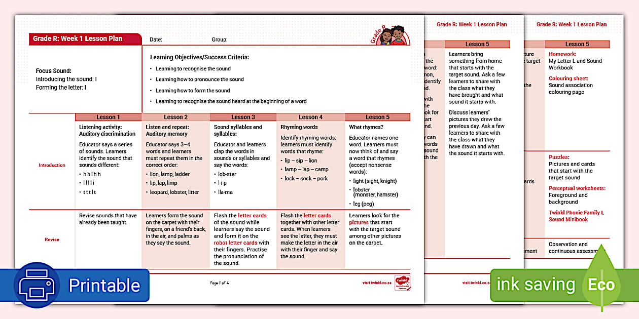Gr. R Phonics L Lesson Plan Week 1 (teacher made) - Twinkl