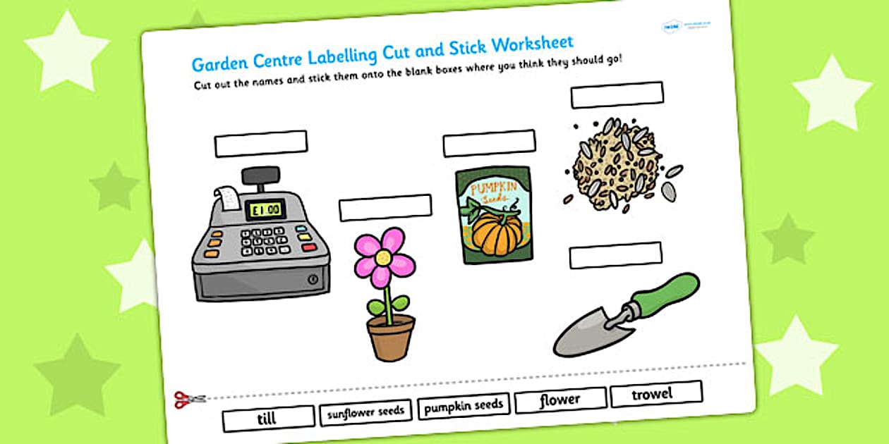 Black and White Garden Centre Scene Labelling Cut and Stick Worksheet