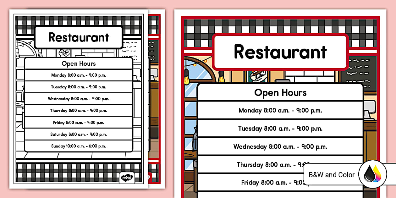 Restaurant Dramatic Play Hours Sign (teacher made) - Twinkl
