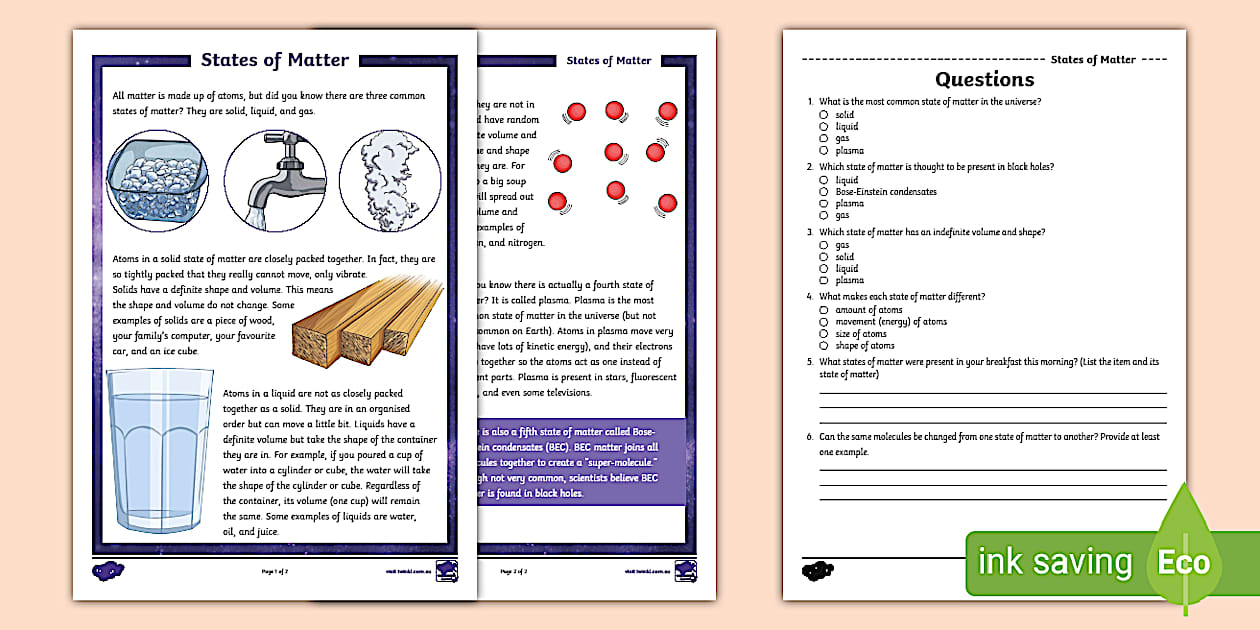 Editable States of Matter Reading Comprehension Activity