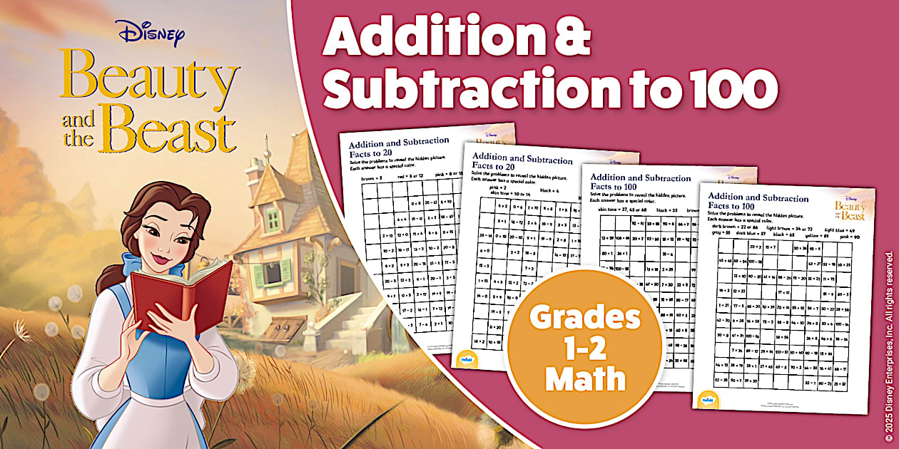 Beauty and the Beast: Add and Subtract to 100 Math Worksheet