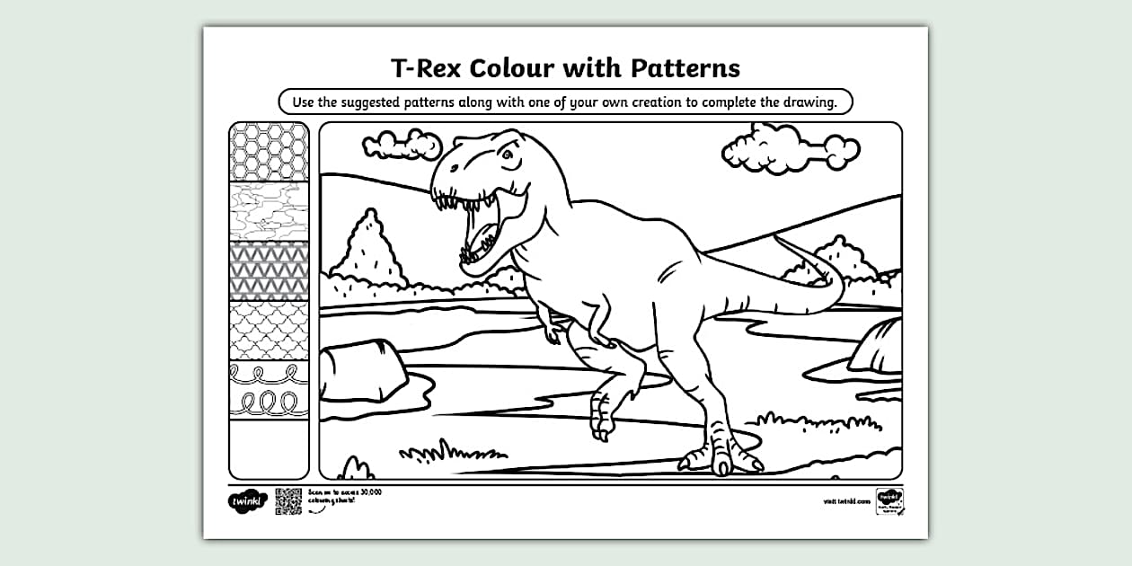 T-Rex Colour with Patterns Activity - Colouring - Twinkl