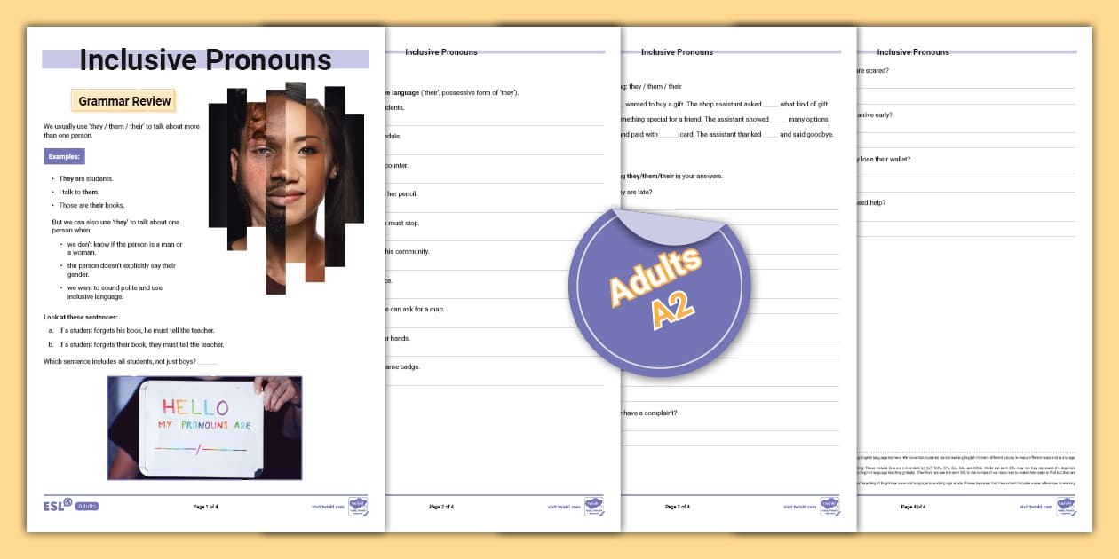 ESL Inclusive Pronouns Worksheet [Adults, A2] (teacher made)