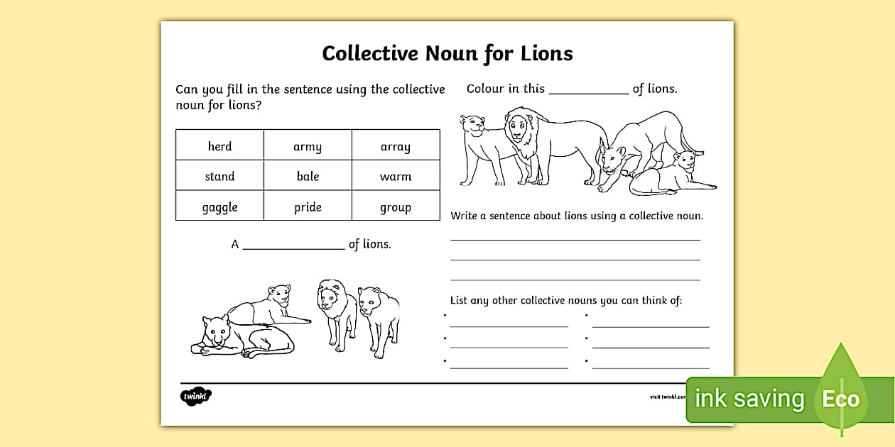 Collective Nouns - Lions Worksheet (Teacher-Made) - Twinkl