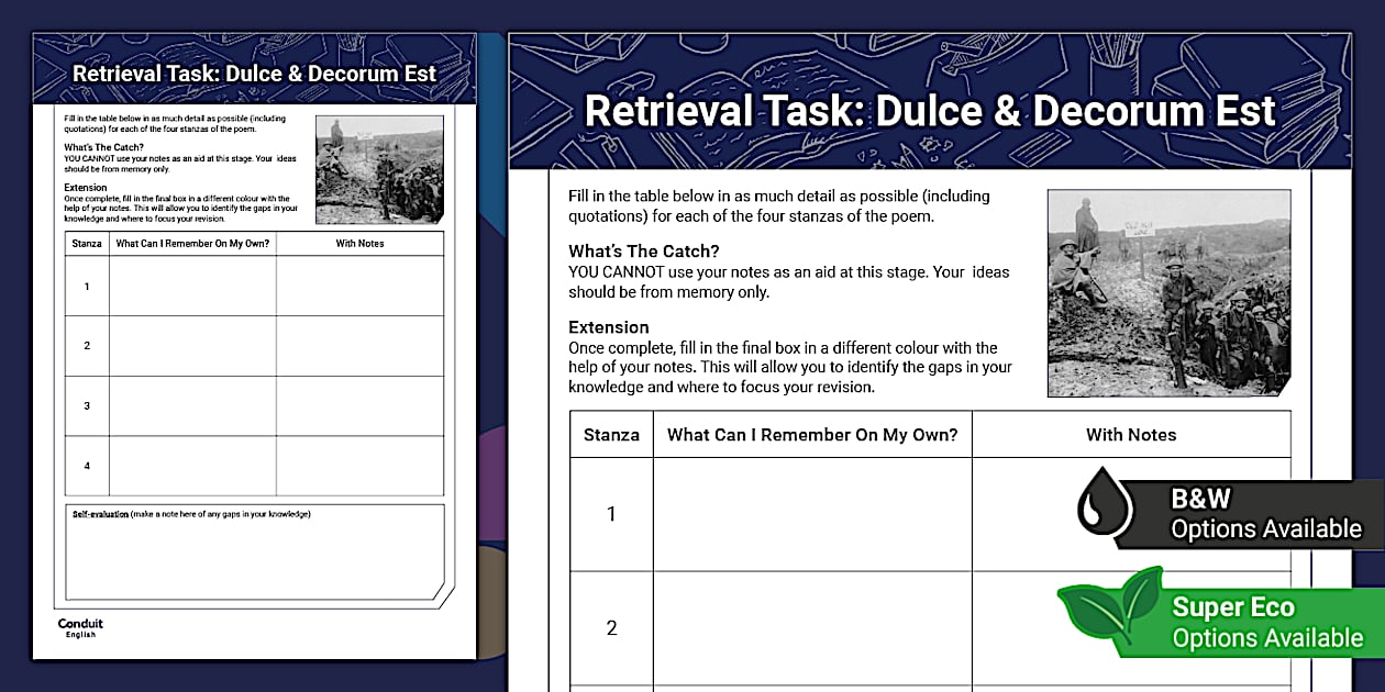 Dulce et Decorum Est: Retrieval Task (teacher made) - Twinkl