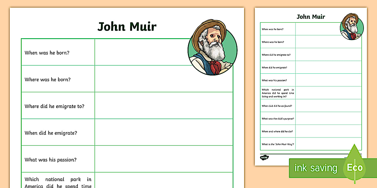 John Muir Fact File Worksheet / Worksheet - Twinkl