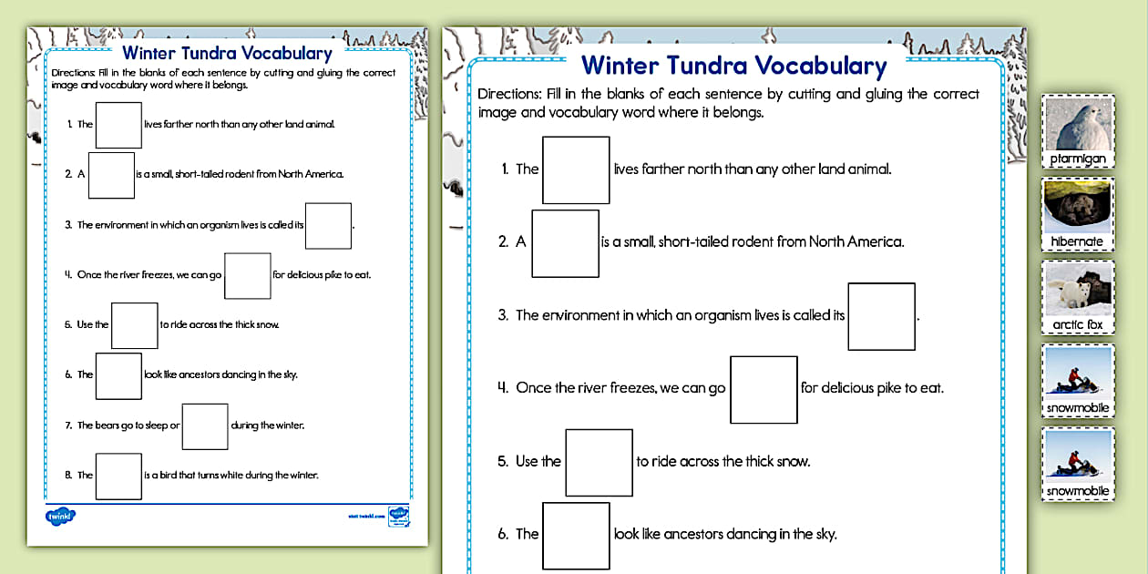 Winter Tundra Vocabulary Cut and Paste Worksheet for K-2nd Grade
