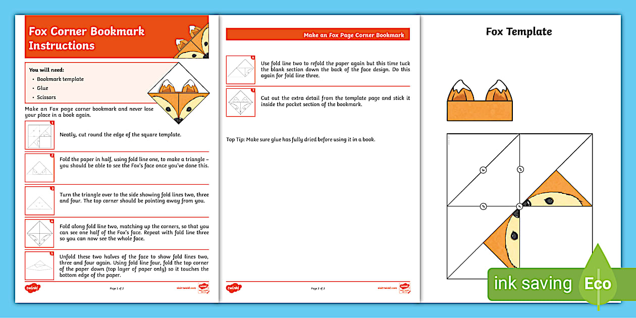 Fox Corner Bookmark Craft Instructions (teacher made)