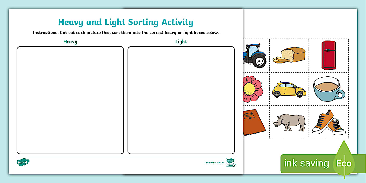 Heavy or Light? Cut and Paste Sorting Activity - Twinkl