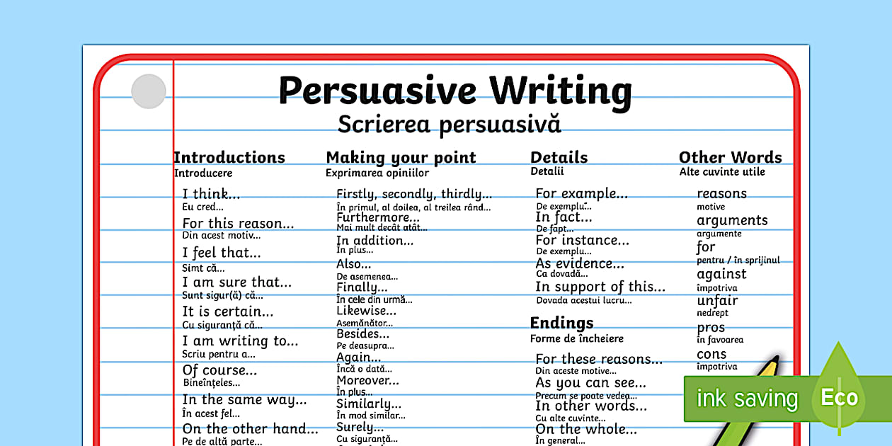 Persuasive Writing Word Mat English/Romanian - Persuasive Writing Word Mat