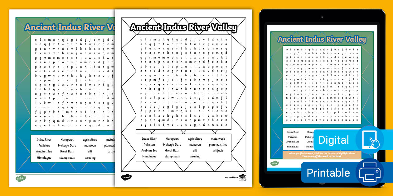 Ancient Indus River Valley Word Search for 6th-8th Grade