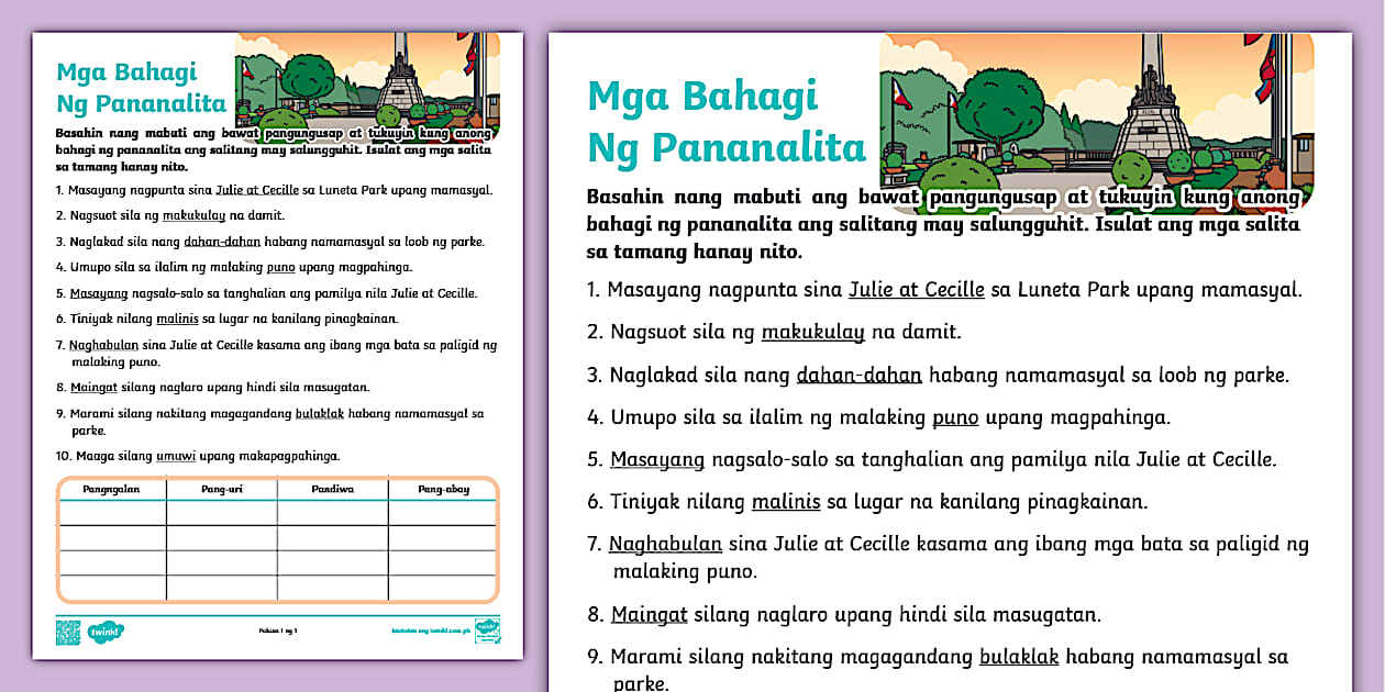 Mga Bahagi ng Pananalita Worksheet | Grade 1-3 | Twinkl PH
