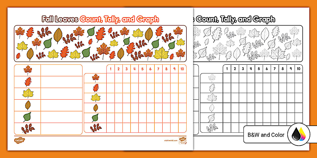 First Grade Fall Leaves Count, Tally, and Graph Worksheet
