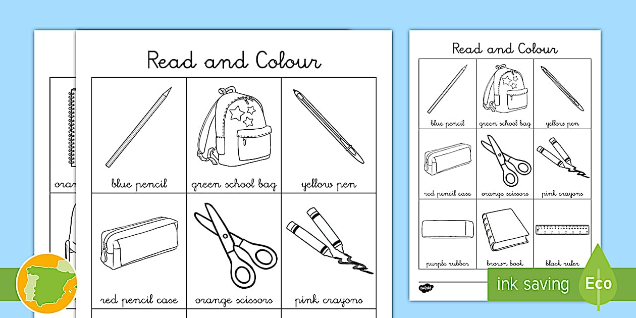 Lee y colorea: Objetos de la clase en inglés - Twinkl