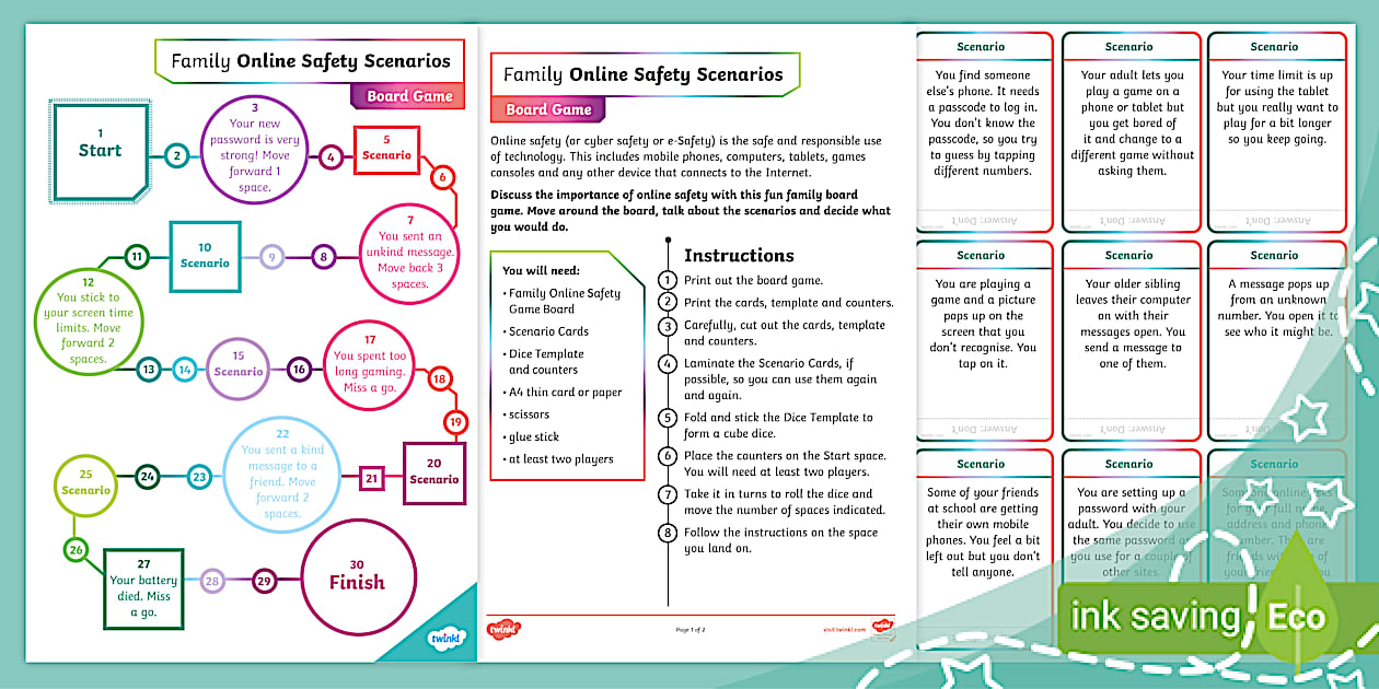 Family Online Safety Scenarios Board Game (teacher made)