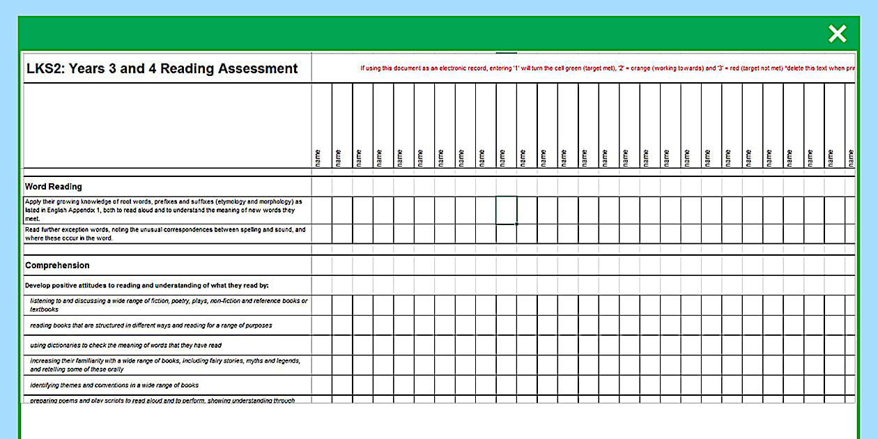2014 National Curriculum LKS2 Years 3 and 4 English Reading Spreadsheet