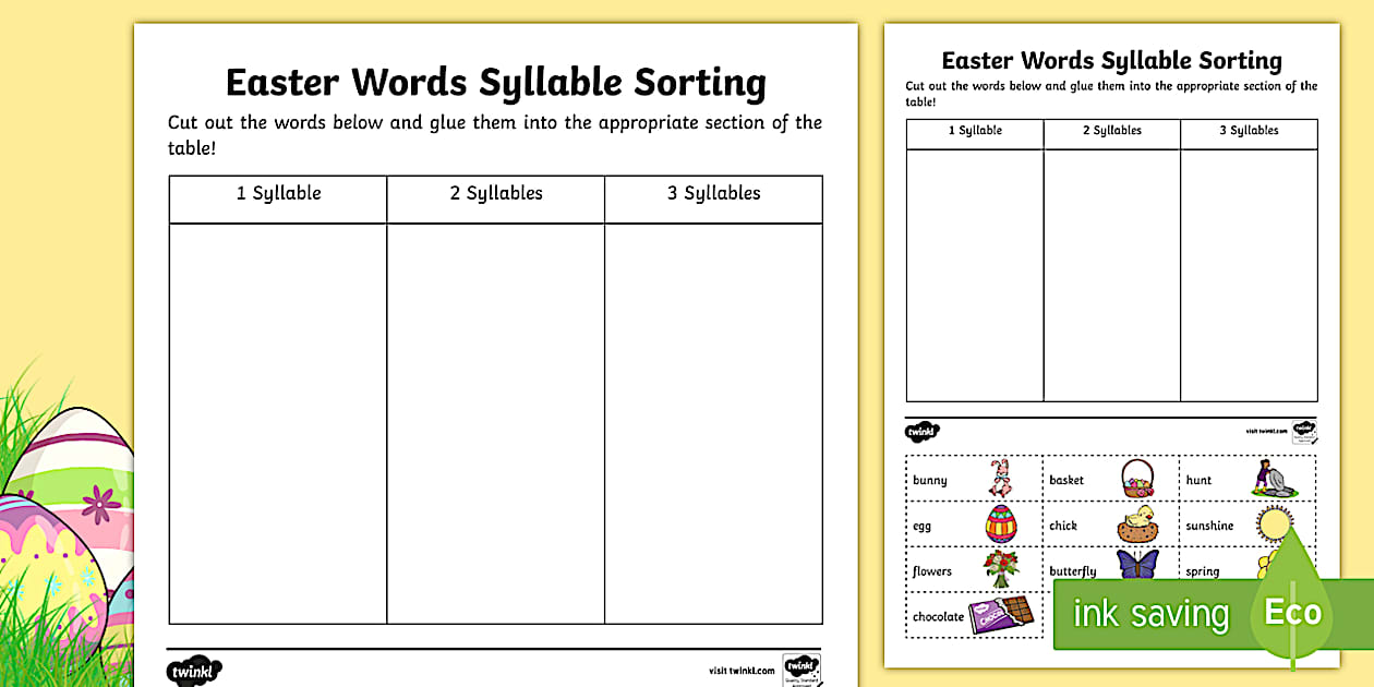 Easter Syllables Sort and Stick Worksheet / Worksheet