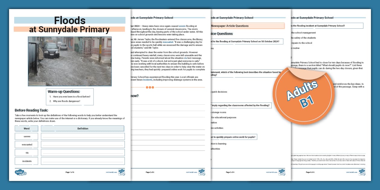 ESL Floods at a School Activity Sheet [Adults, B1] - Twinkl