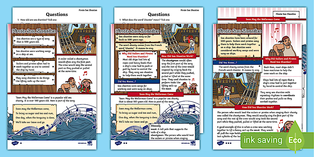 KS1 Pirate Sea Shanties Reading Comprehension Activity