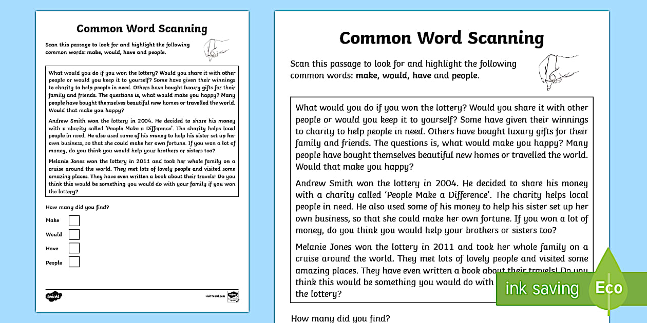 Common Word Scanning Worksheet (teacher made) - Twinkl