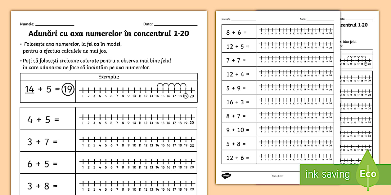 Adunarea 0-20 Fișă de lucru cu axa numerelor - Twinkl