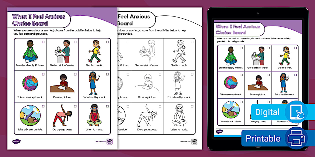 When I Feel Anxious Choice Board for K-2nd Grade - Twinkl