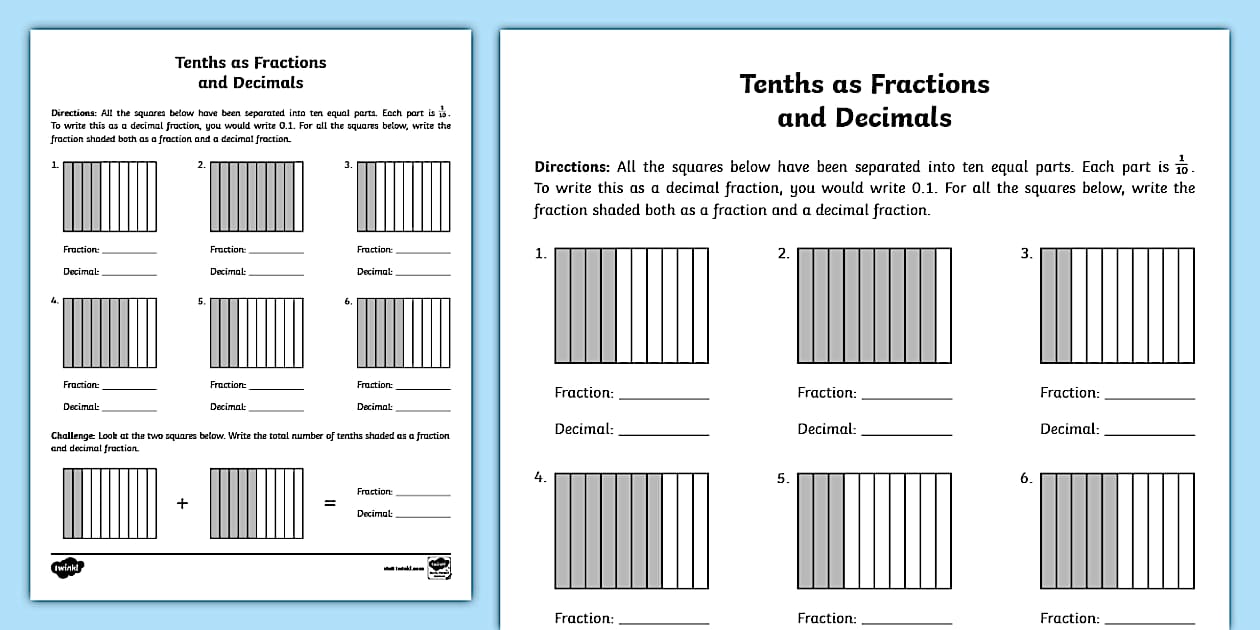 Practice With Tenths as Fractions and Decimals 3rd-5th Grade