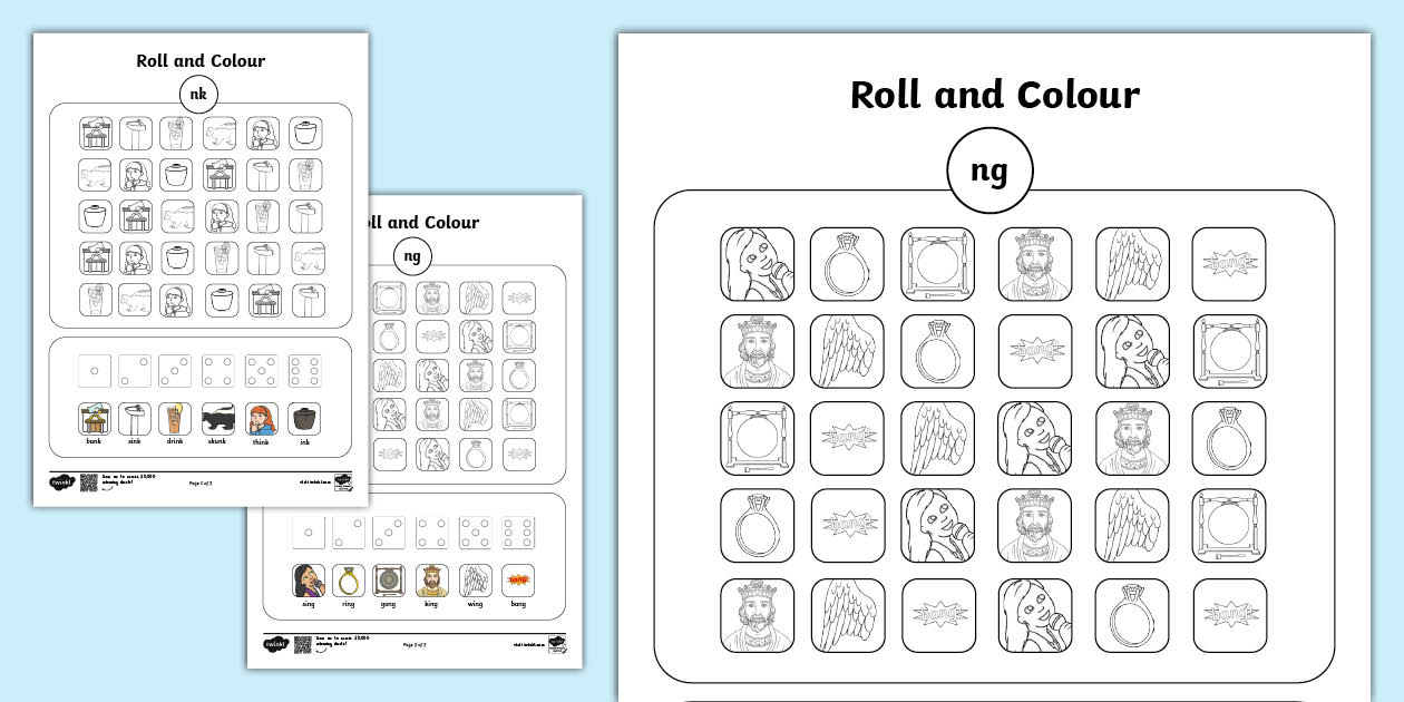 Roll and Colour 'ng' and 'nk' Sounds Worksheet - Roll and Colour Initial