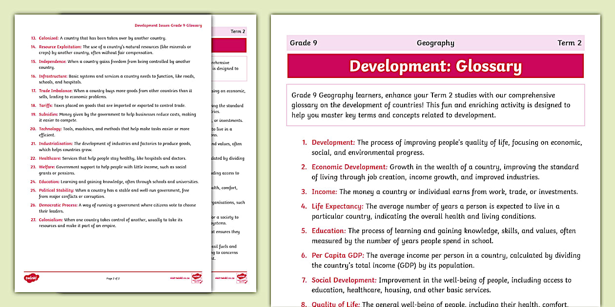 Development Issues Grade 9 Glossary (teacher made) - Twinkl