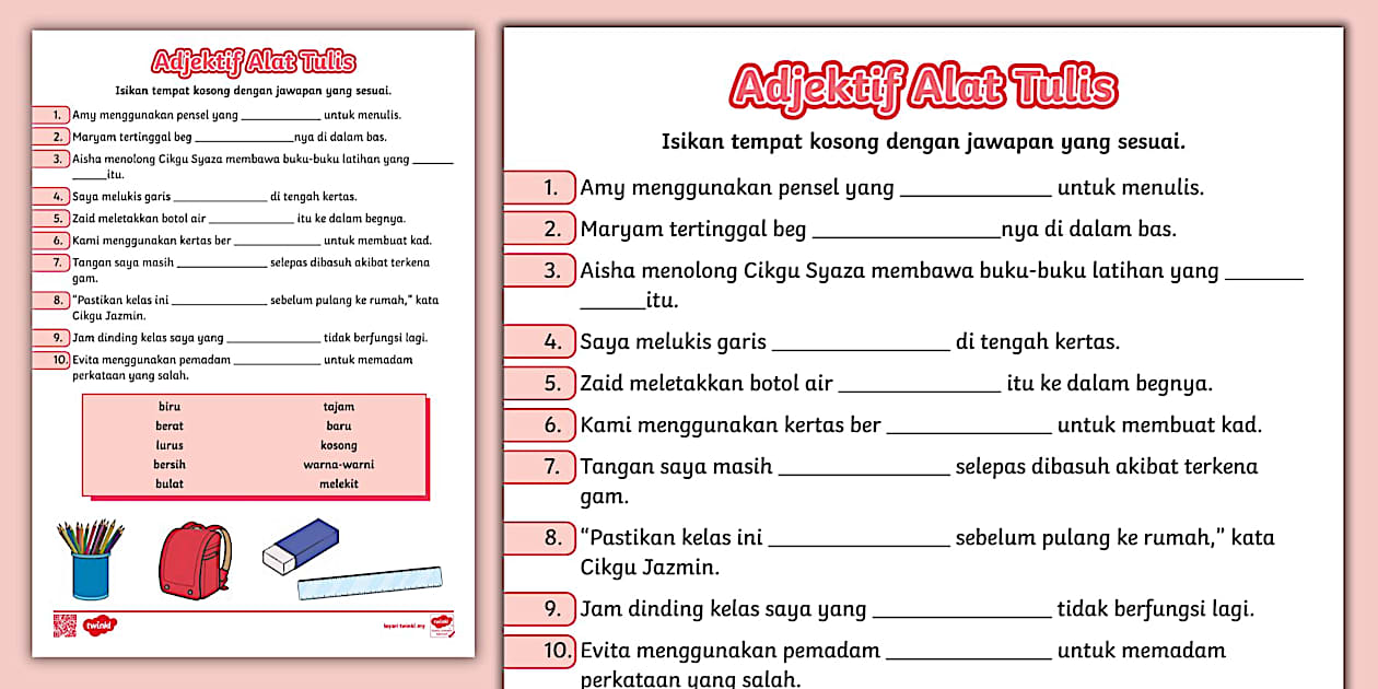 Lembaran Kerja Adjektif Alat Tulis