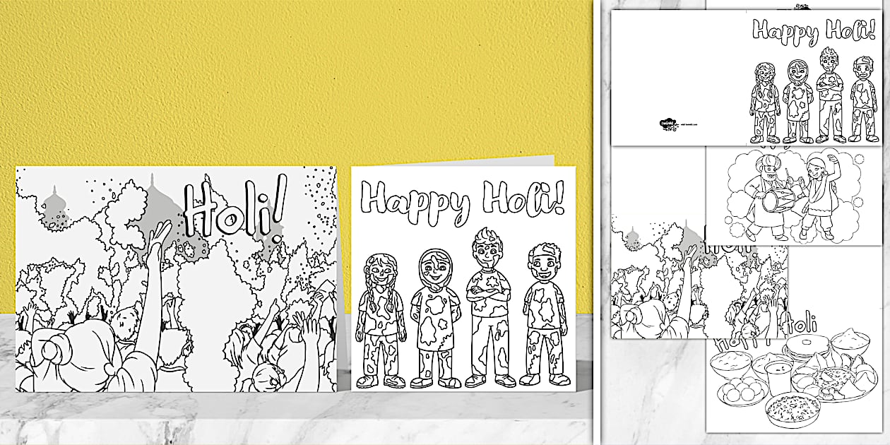 Happy Holi Cards - Printable Colouring Pack for Kids