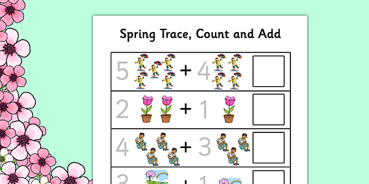 Spring Themed Trace Count and Add Worksheet / Worksheet