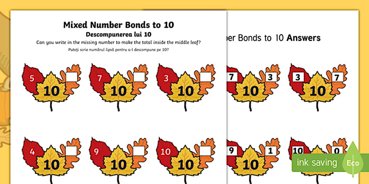 Autumn Leaf Mixed Number Bonds to 10 Worksheet / Worksheet English/Romanian