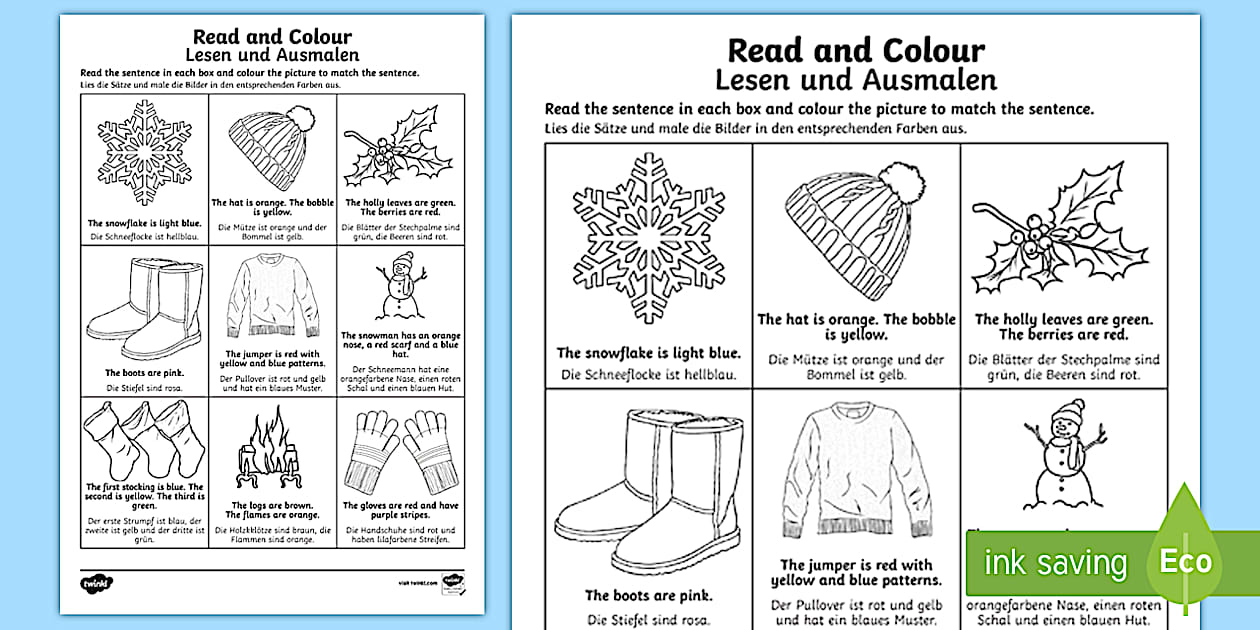 Editable Winter Read and Colour Worksheet English/German